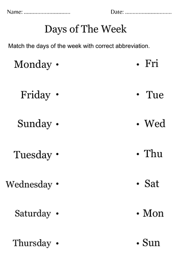Abbreviations days of the week worksheet for kindergarten | Teaching ...