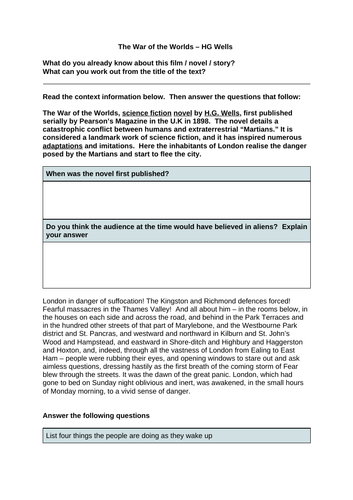 The War of the World HG Wells KS3 Reading Comprehension and writing ...