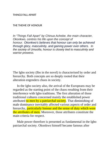 The theme of honour in "Things Fall Apart" iGCSE English Literature ...