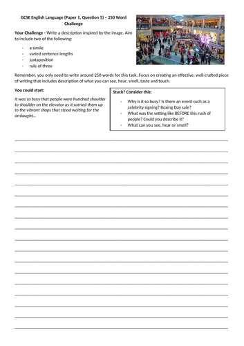 AQA English Language Paper 1 Q5 Cover lesson or Homework | Teaching ...