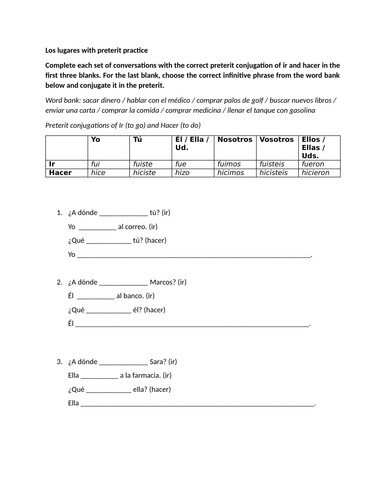 Los lugares with preterit practice | Teaching Resources