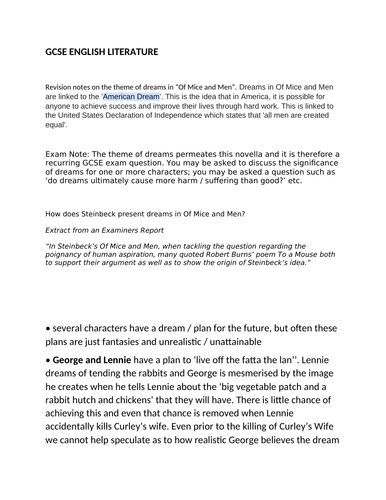 Revision Notes GCSE English Literature "Of Mice and Men" the theme of ...