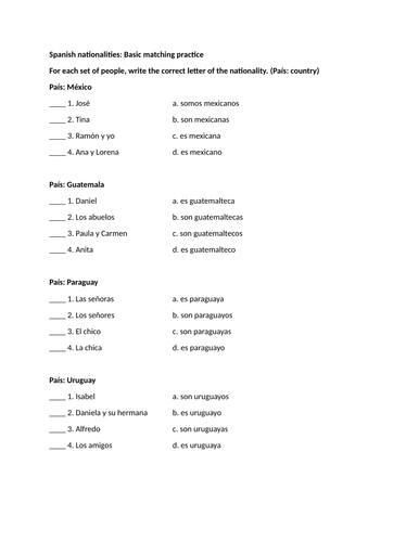 Spanish nationalities: Basic matching practice | Teaching Resources