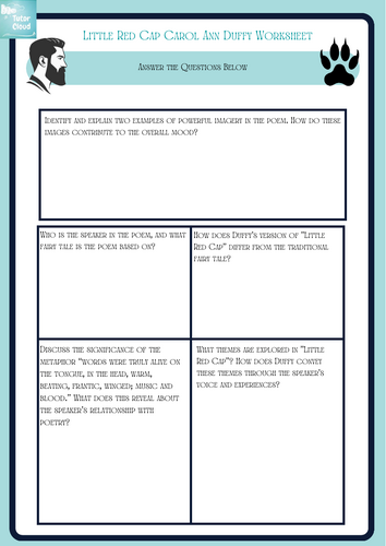 Little Red Cap Carol Ann Duffy Worksheet | Teaching Resources