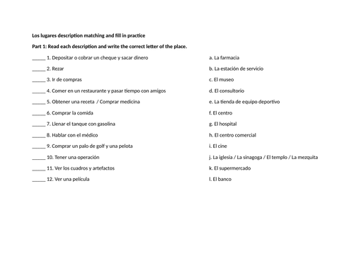 Los lugares description matching and fill in practice | Teaching Resources