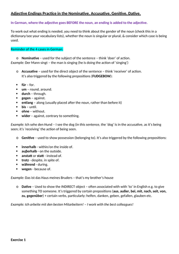 German adjective endings in all cases | Teaching Resources