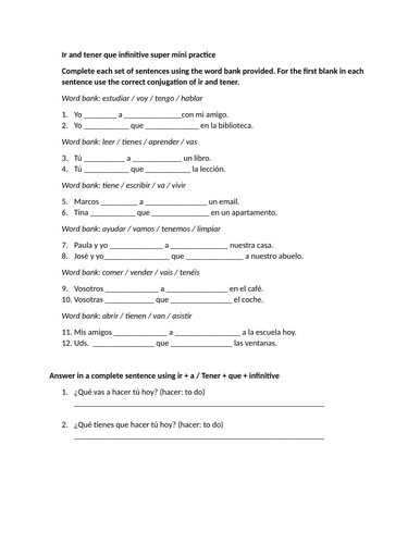 Ir and tener que infinitive super mini practice | Teaching Resources