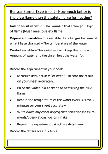 Bunsen Burner Worksheet - How much better is the blue flame than the ...