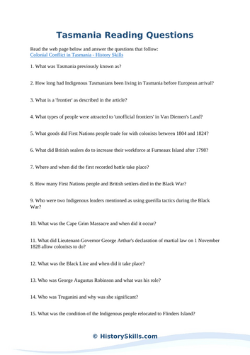 Colonial Conflict in Tasmania Reading Questions Worksheet | Teaching ...