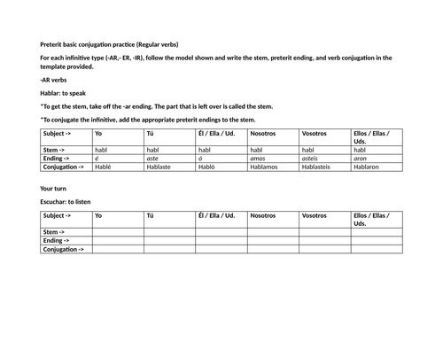 Preterit basic conjugation practice (Regular verbs) | Teaching Resources