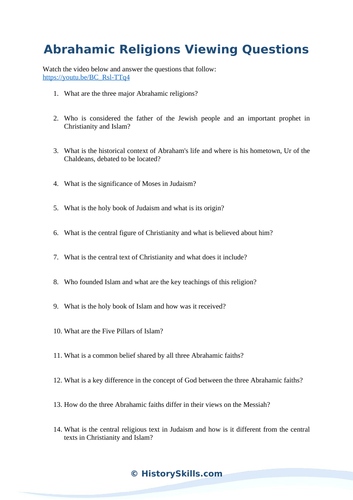 Abrahamic Religions Video Viewing Questions Worksheet | Teaching Resources