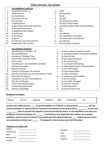 GCSE notre planète / l'environnement worksheet Conti style | Teaching ...