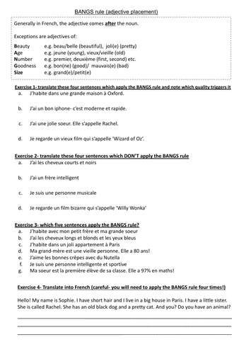 BANGS/BAGS adjective rule introduction worksheet | Teaching Resources