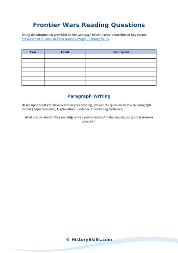 Australian Frontier Wars Reading Comprehension Worksheet | Teaching ...