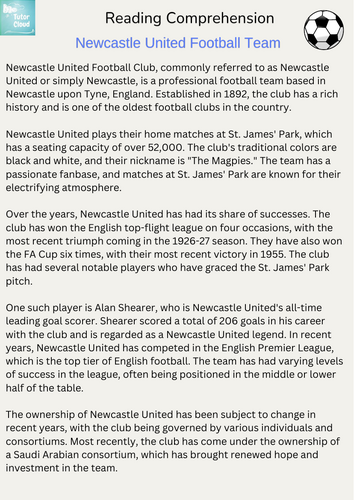 Newcastle United Football Team Reading Comprehension Worksheet ...