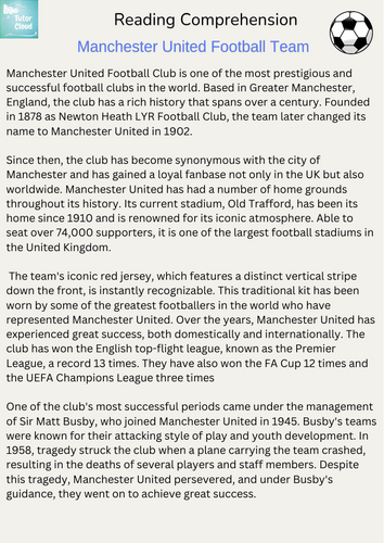 Manchester United Football Team Reading Comprehension | Teaching Resources