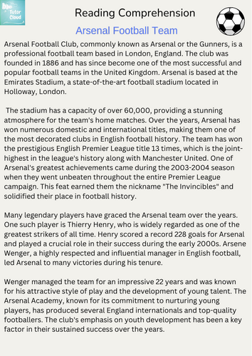 Arsenal Football Team Reading Comprehension | Teaching Resources