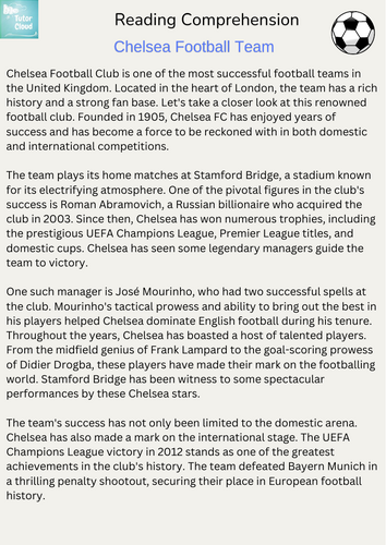 Chelsea Football Team Reading Comprehension | Teaching Resources
