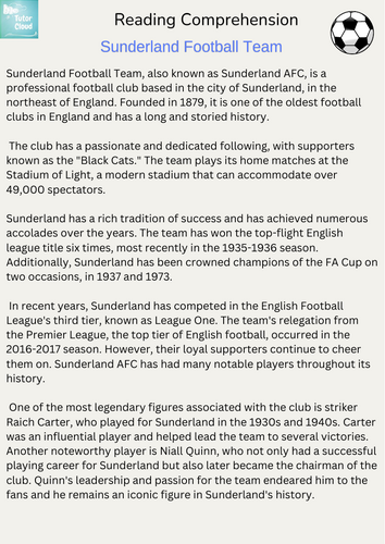 Sunderland Football Team Reading Comprehension | Teaching Resources