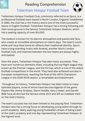 Tottenham Hotspur Football Team Reading Comprehension | Teaching Resources