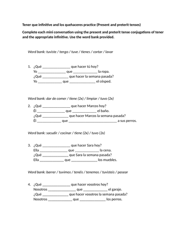 Tener que infinitive and los quehaceres practice (Present and preterit ...
