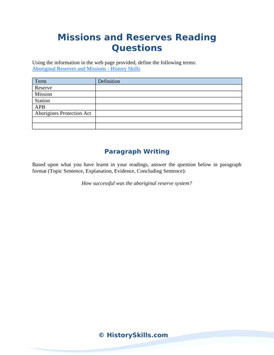 Aboriginal Missions and Reserves Reading Questions Worksheet | Teaching ...