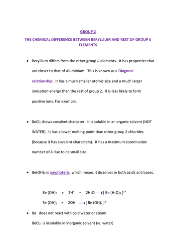 CHEMICAL DIFFERENCE BERYLLIUM & GROUP 2 ELEMENTS | Teaching Resources