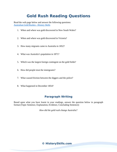 Australian Gold Rush Reading Questions Worksheet | Teaching Resources
