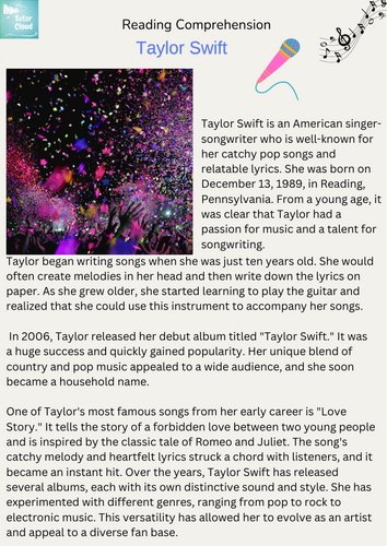 Taylor Swift Reading Comprehension | Teaching Resources