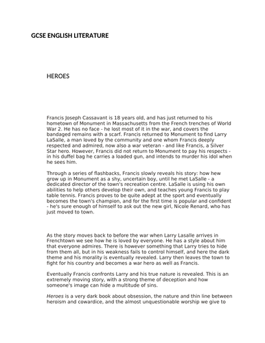 GCSE ENGLISH LITERATURE revision notes "Heroes" by Robert Cormier ...