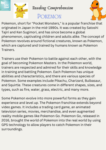 Pokemon – Reading Comprehension | Teaching Resources