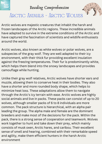 Arctic Animals - Arctic Wolves – Reading Comprehension | Teaching Resources
