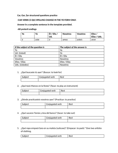 Car, Gar, Zar preterit structured questions practice | Teaching Resources