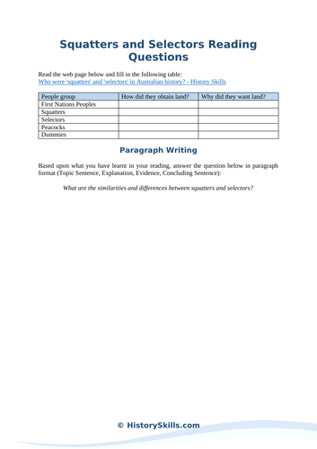 Australian Squatters and Selectors Reading Questions Worksheet ...