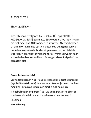 A LEVEL DUTCH essay questions | Teaching Resources