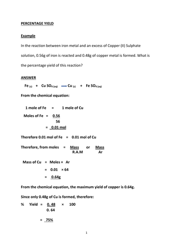 PERCENTAGE YIELD | Teaching Resources