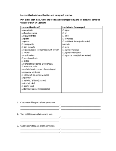 Las comidas basic identification and paragraph practice | Teaching ...