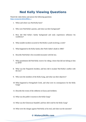 Ned Kelly Video Viewing Questions Worksheet | Teaching Resources