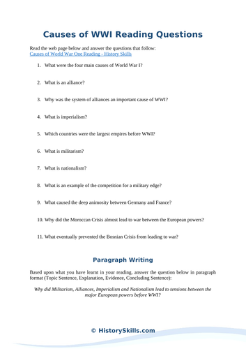MAIN Causes of WWI Reading Questions Worksheet | Teaching Resources