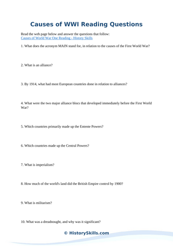MAIN Causes of WWI Reading Questions Worksheet | Teaching Resources