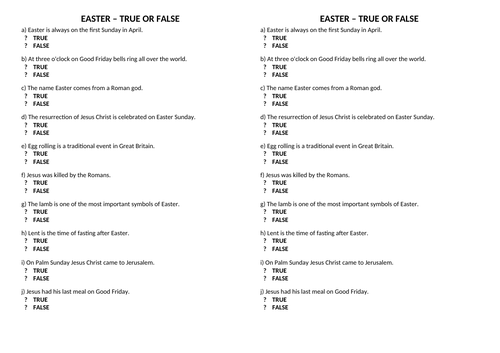 Easter true or false activity | Teaching Resources