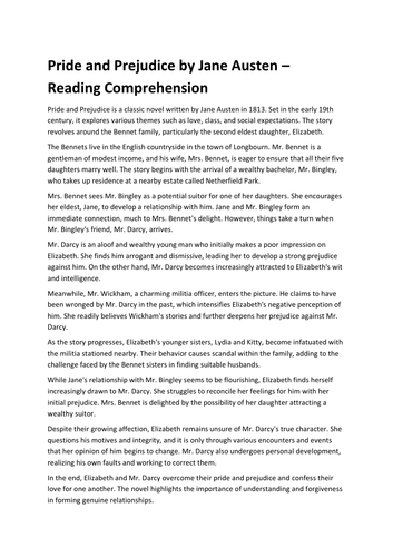 Pride and Prejudice by Jane Austen – Reading Comprehension | Teaching ...