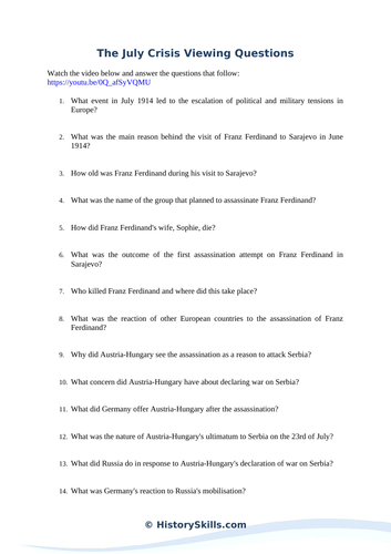 The July Crisis Video Viewing Questions Worksheet | Teaching Resources