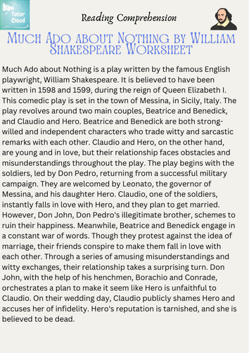 Much Ado about Nothing by William Shakespeare – Reading Comprehension ...