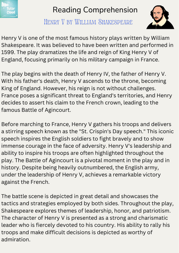 Henry V by William Shakespeare – Reading Comprehension | Teaching Resources
