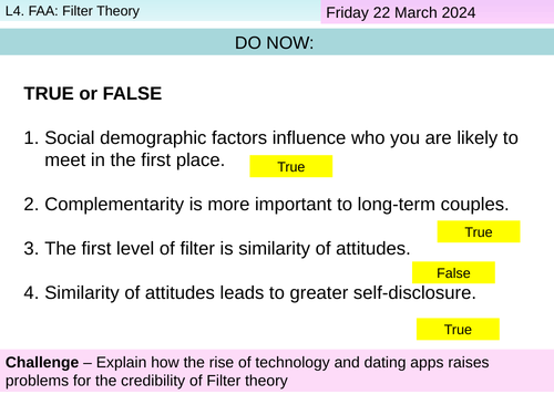 L4: Filter Theory - Relationships - AQA Psychology | Teaching Resources