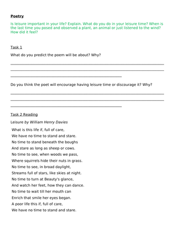 Analyzing the poem Leisure by William Davies. | Teaching Resources