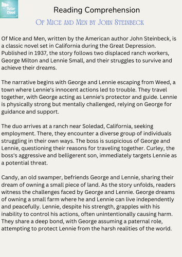 Of Mice and Men by John Steinbeck – Reading Comprehension | Teaching ...
