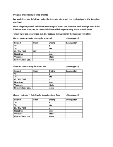 Irregular preterit simple intro practice | Teaching Resources