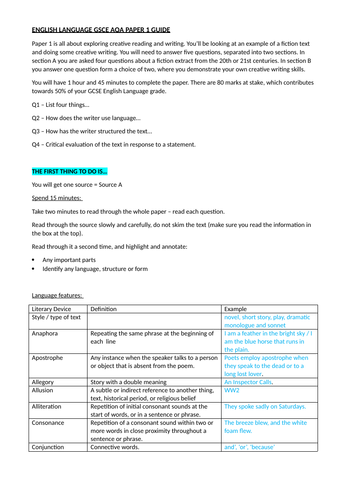 GSCE AQA English Language Paper 1 Guide | Teaching Resources